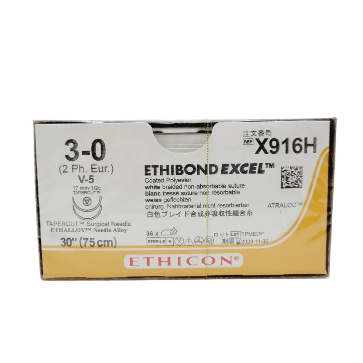 Ethicon X916H 3-0 ETHIBOND EXCEL WHITE 1X30" V-5 DOUBLE ARMED Box of ...