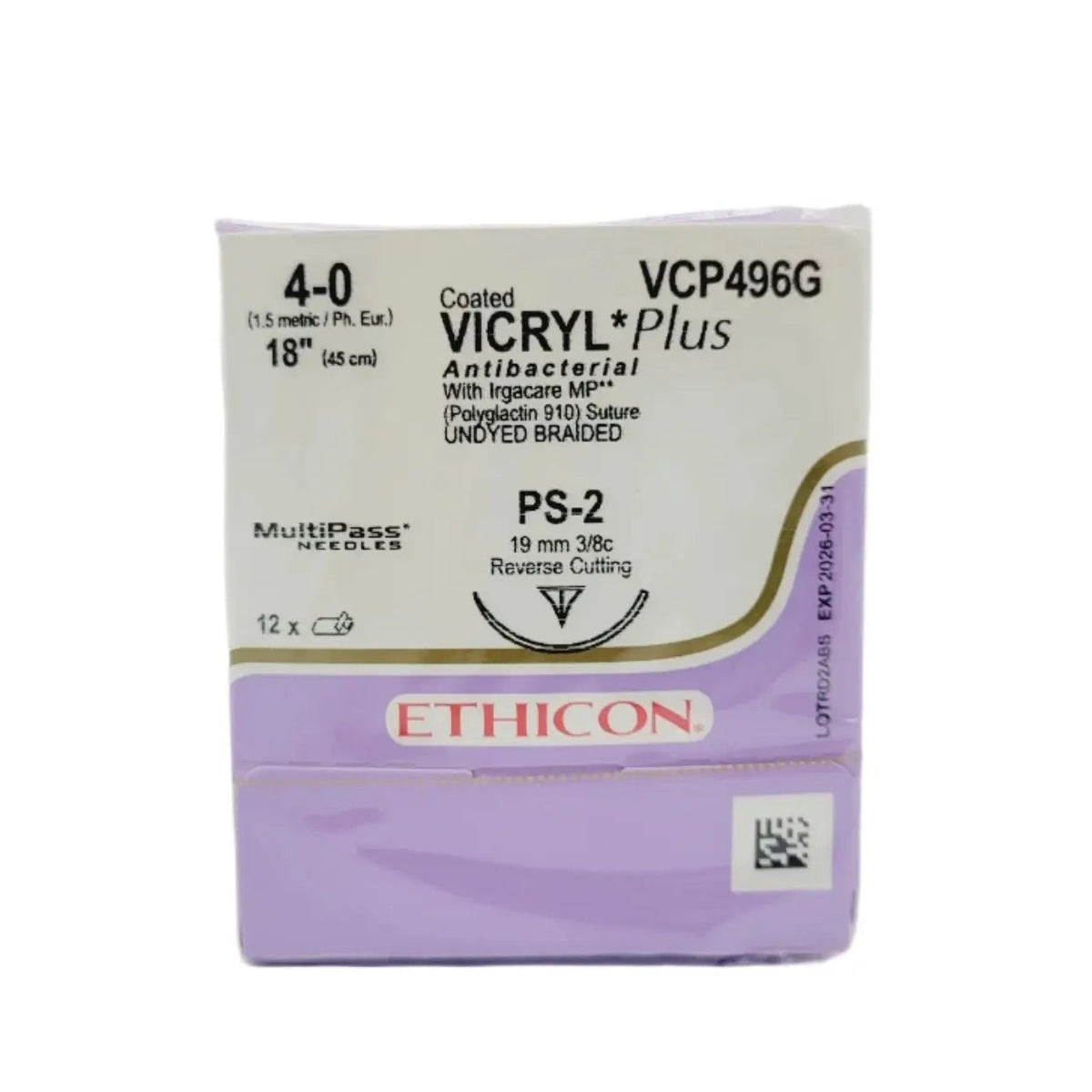 Ethicon VCP496G 4-0 VICRYL Plus 1X18" PS-2 UNDYED BRAIDED Box of 12 ...