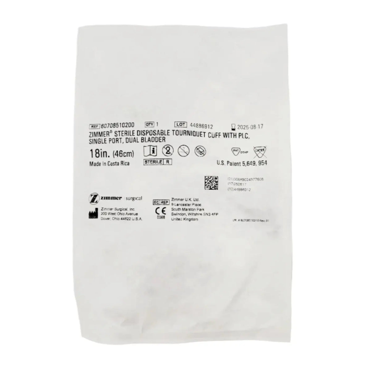 Zimmer 60708510200 Tourniquet Cuff PLC, Dual Port, Single Bladder 18 ...