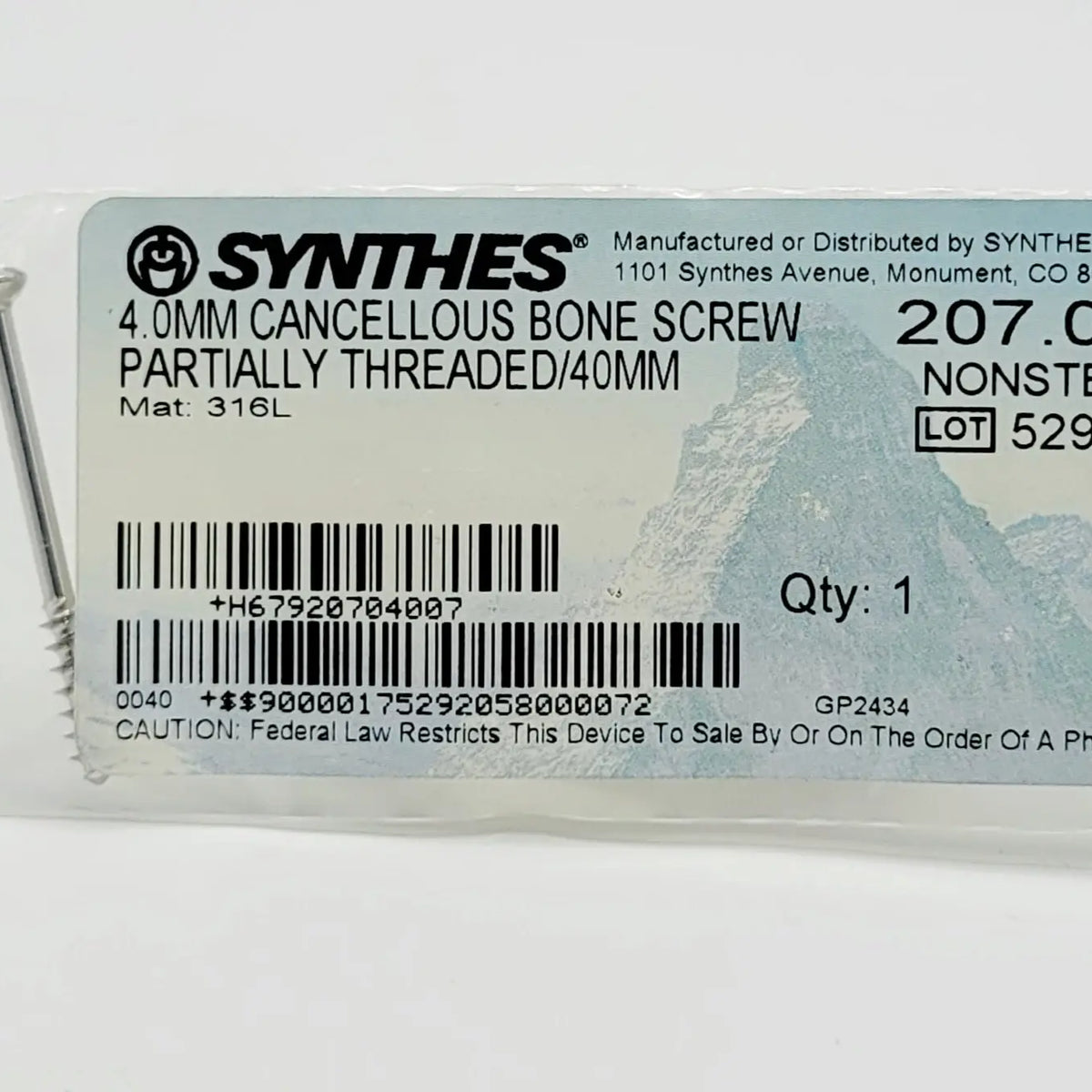 Synthes 207.040 4.0MM CANCELLOUS BONE SCREW PARTIALLY THREADED/40MM ...