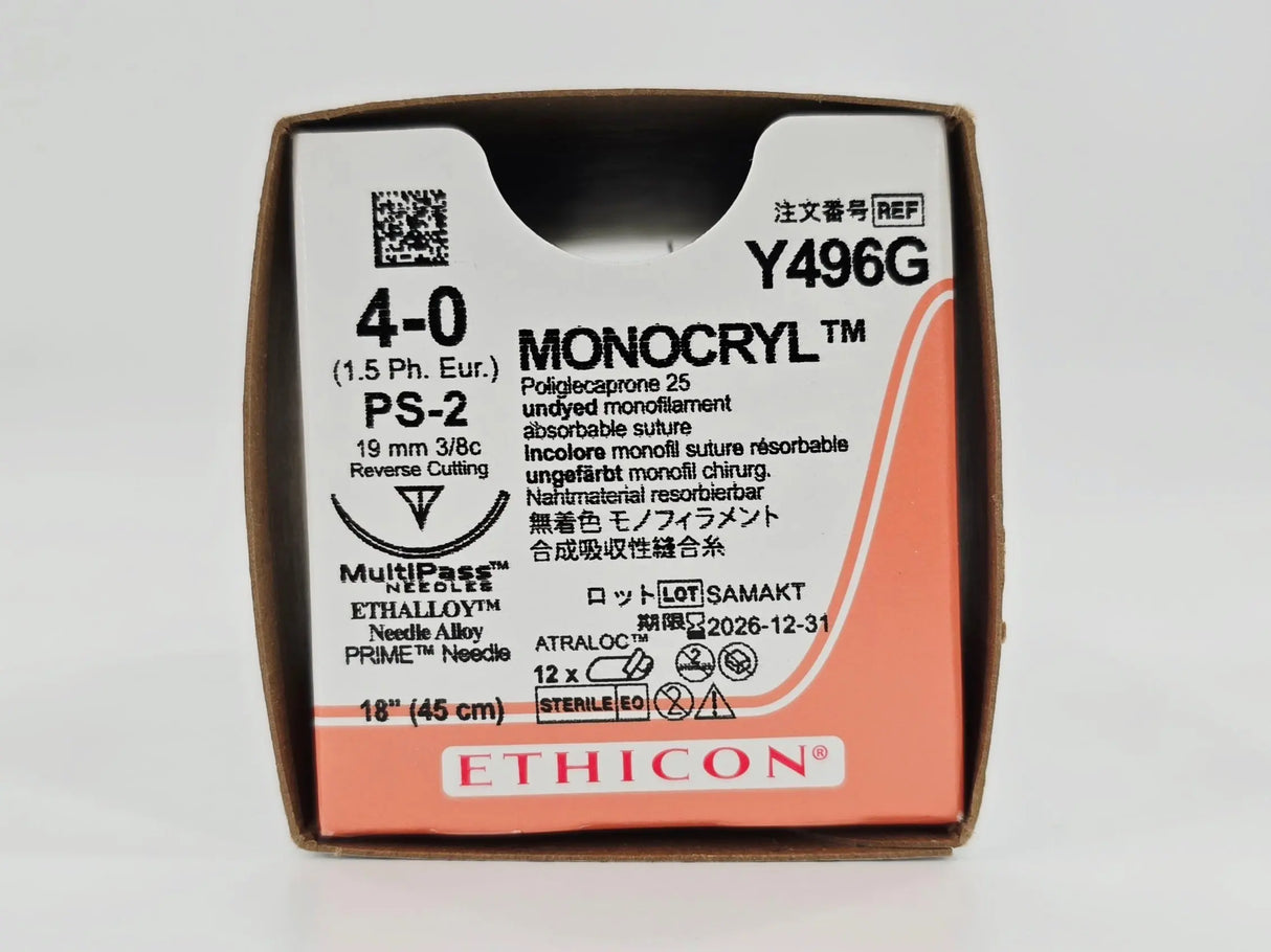 Y496G Ethicon 40 MONOCRYL Undyed 1X18" PS2 19mm BX/12 FULL OPEN BOX ...