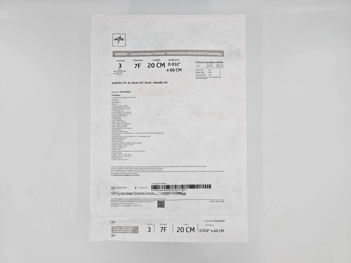 Medline STCVC01US VANTEX 7FR 3L 20cm CVC Stock + Bundle-US Central ...