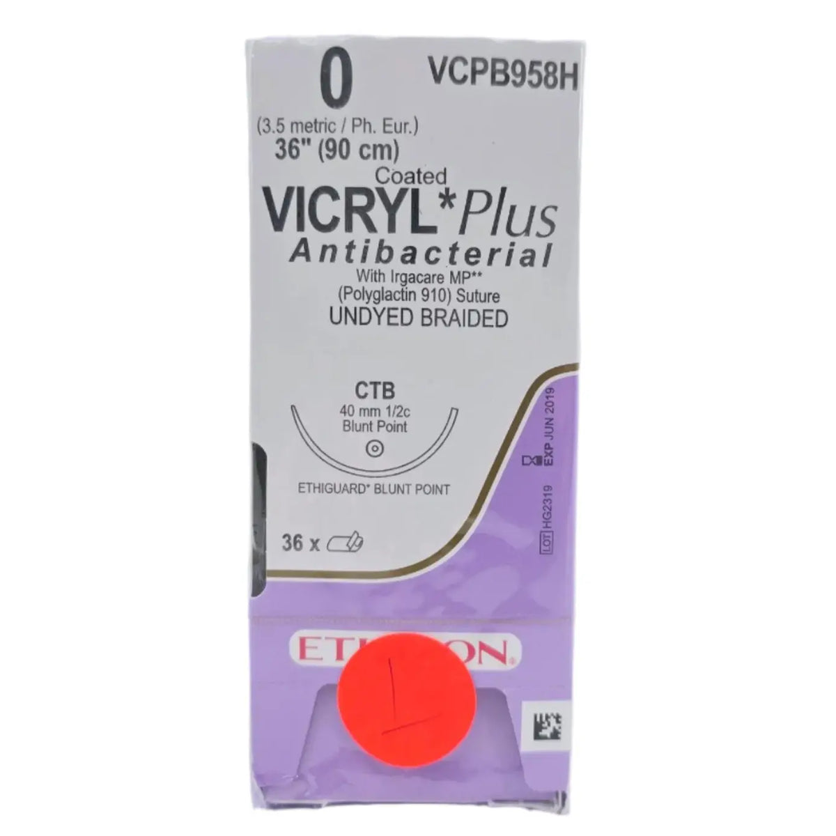 Ethicon VCPB958H 0 Coated Vicryl Plus Undyed 1x36" CTB Box of 36 ...