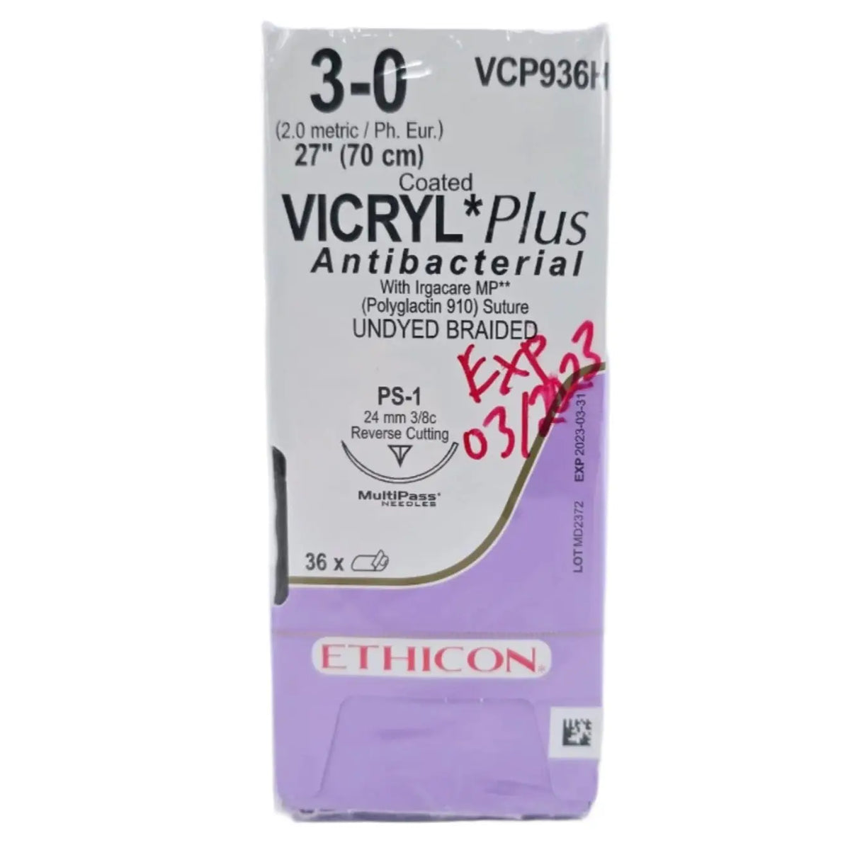 Ethicon VCP936H 3-0 Coated Vicryl Plus Undyed 1x27" PS-1 Box of 36 ...