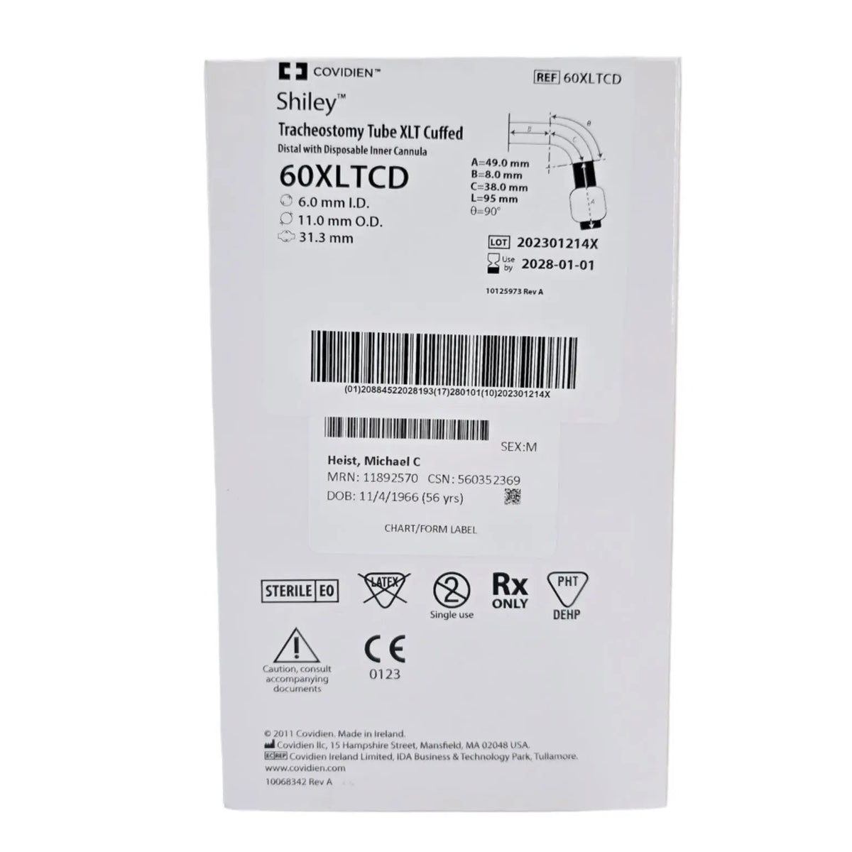 60XLTCD Covidien Shiley 6.0mm I.D. Tracheostomy Tube XLT Cuffed Distal ...