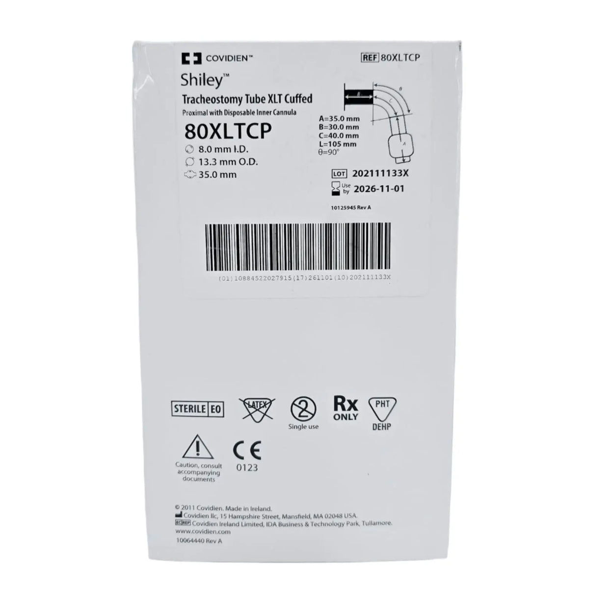 Covidien 80XLTCP Shiley 8.0mm I.D. Tracheostomy Tube XLT Cuffed ...