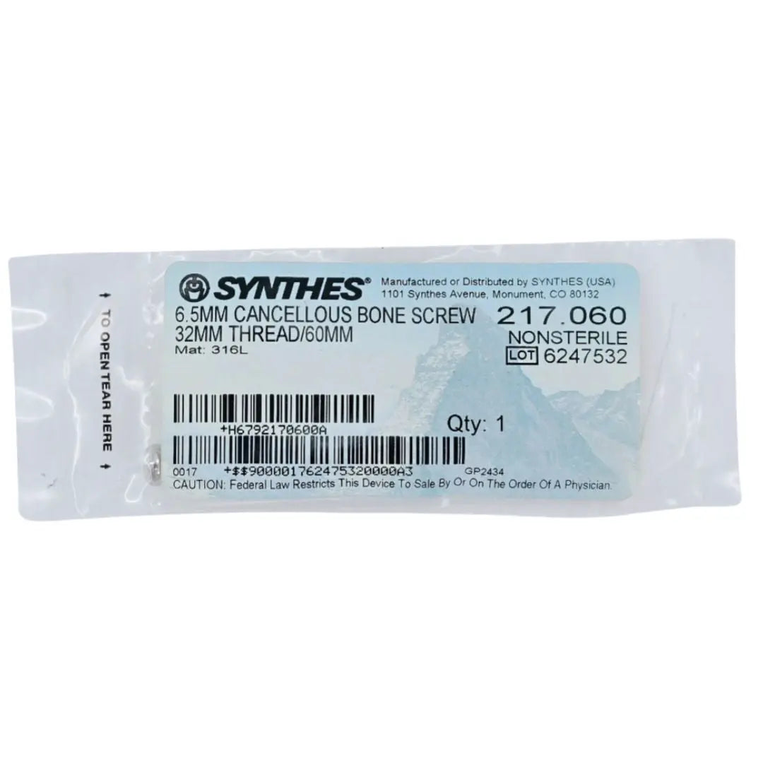 Synthes 217.060 6.5mm Cancellous Bone Screw 32mm Thread/60mm - Primis ...