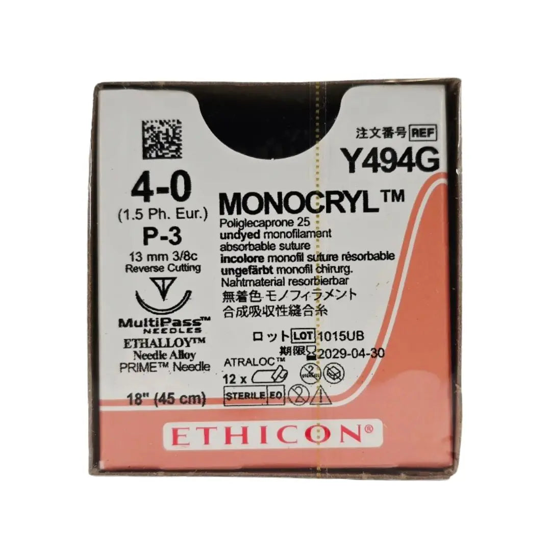 Y494G Ethicon 4-0 MONOCRYL Undyed 1X18" P3 13mm Reverse Cutting BX/12 ...