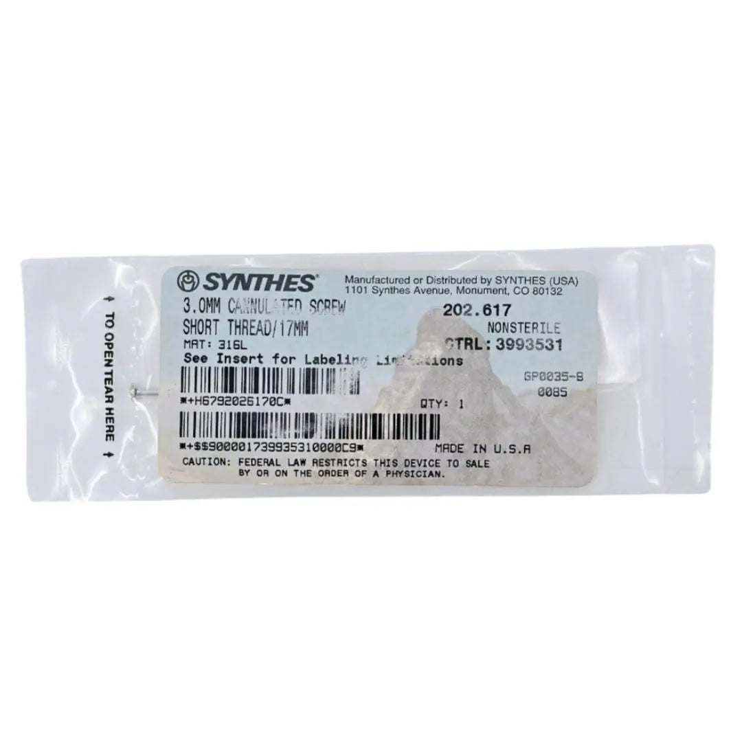 Synthes 202.617 3.0mm Cannulated Screw Short Thread/17mm - Primis ...