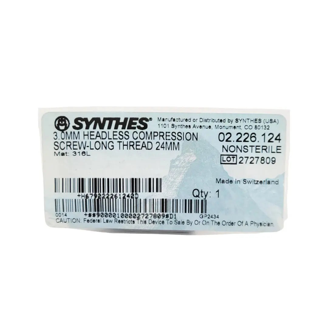 Synthes 02.226.124 3.0mm Headless Compression Screw-Long Thread 24mm ...