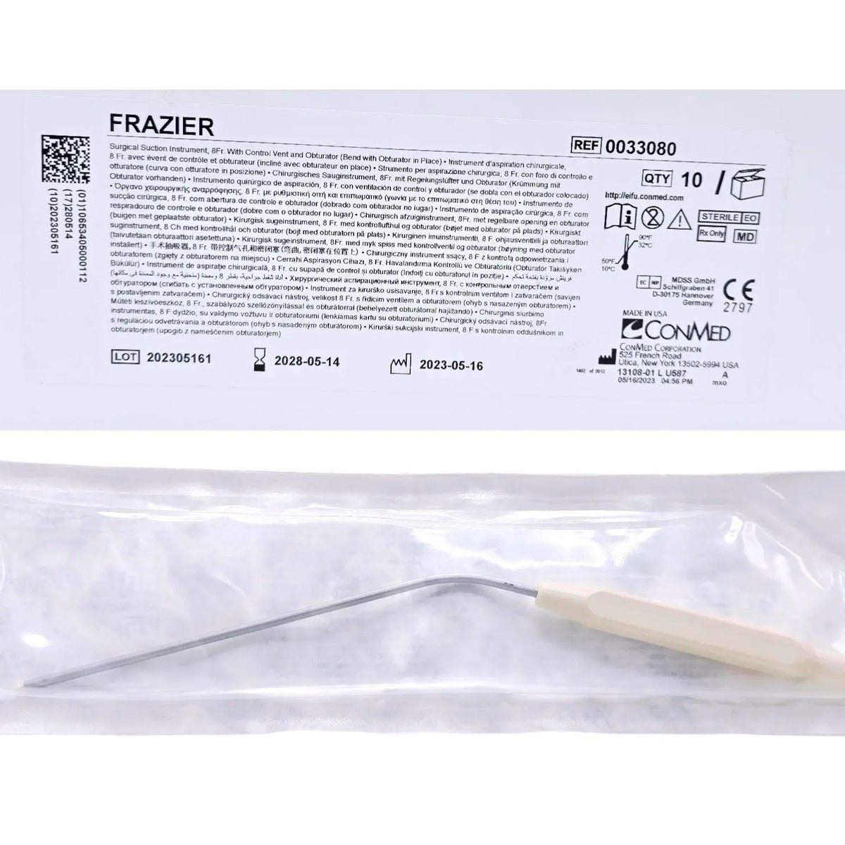 Conmed Frazier 0033080 Suction Instrument 8 Fr w/ Control Vent ...
